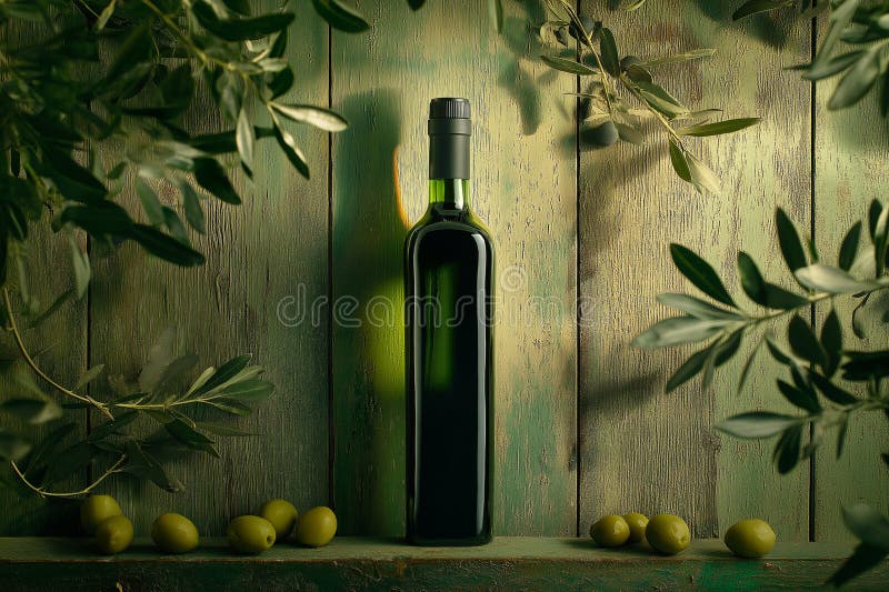 Olive Oil Bottle Surrounded by Olives and Olive Leaves Stock ...