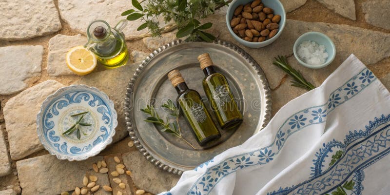 Olive Oil Bottles, Fresh Herbs, and Nuts Arranged on a Rustic Stone ...
