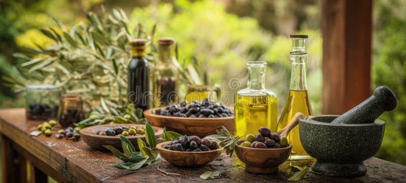 The Olive Oil Collection with Fresh Olives and Traditional Utensils on ...