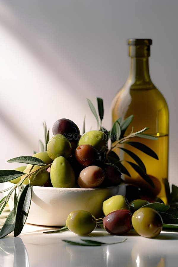 Olive Oil in Glass Bottle with Olives and Leaves on Rustic Background ...