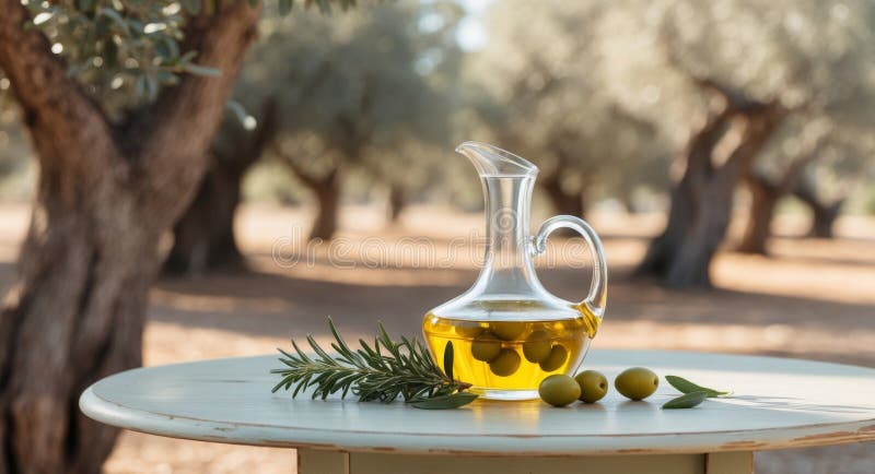 Olive Oil in a Glass Pitcher with Olives on a Rustic Table in an Olive ...
