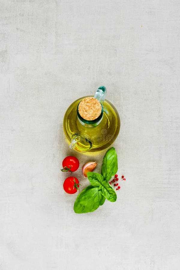 Olive oil and ingredients stock image. Image of menu - 76573581