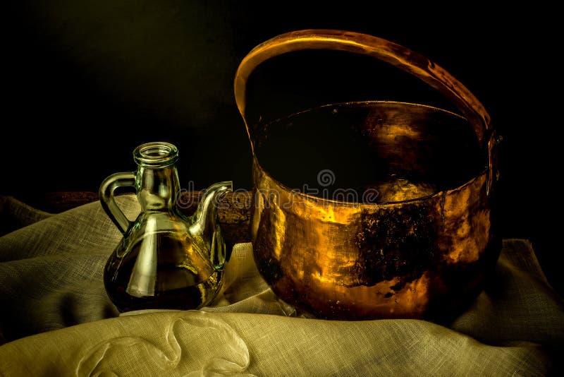 Olive Oil and Old Copper Pot Still Life Stock Photo - Image of greek ...