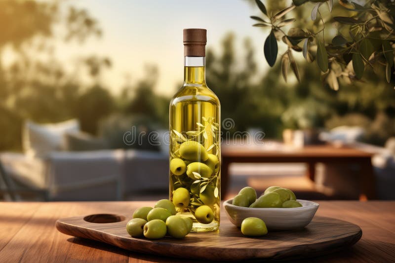 Olive Oil and Olives Berries are on the Wooden Table Under the Olive ...