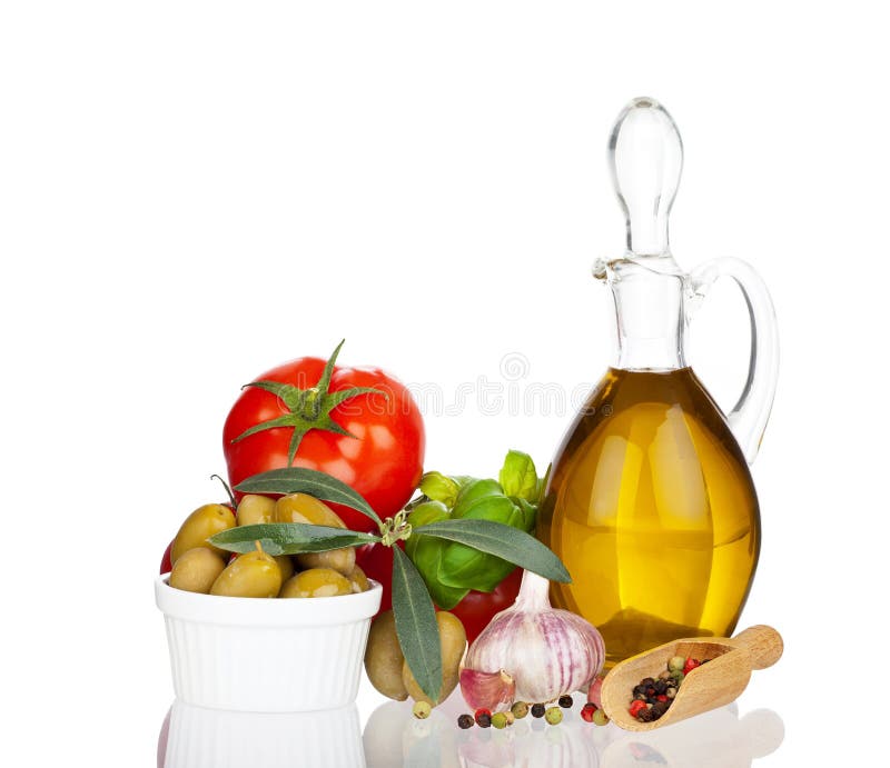Olive Oil and Other Ingredients with Real Reflection Stock Image ...