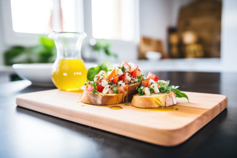 Olive Oil Pour Over Bruschetta on Board Stock Photo - Image of rustic ...