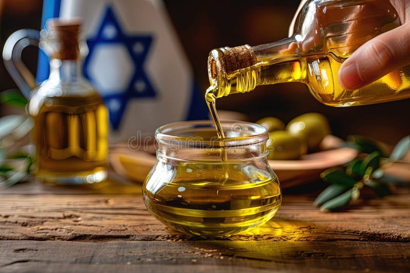 Olive Oil is Poured into a Glass Container. Israel Flag in the ...