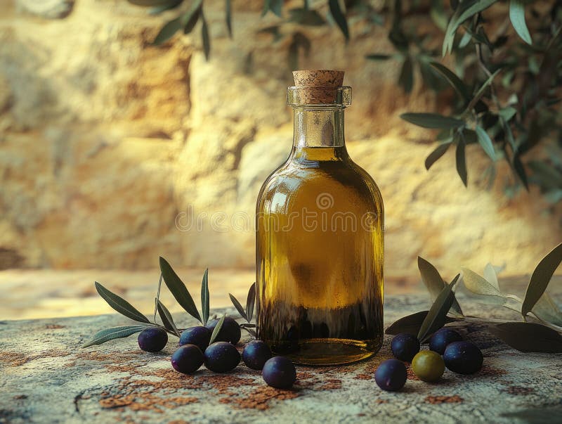 Olive Oil on Rock stock photo. Image of rustic, bottle - 378785284