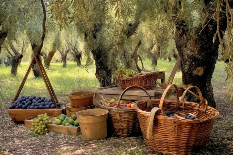 Olive Picking Tools and Baskets in the Orchard Stock Illustration ...
