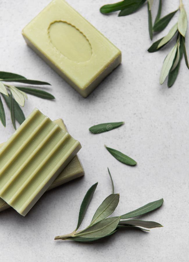 Olive Soap Bars and Olive Branches Resting on Marble Countertop Stock ...