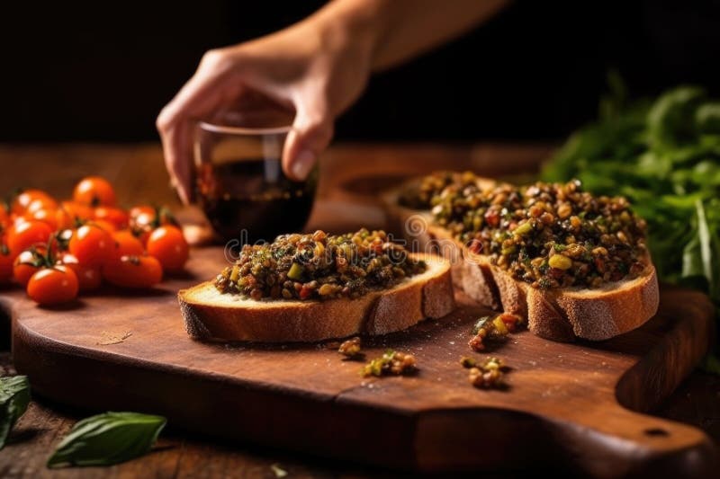 Olive Tapenade Being Spread on Bread for Bruschetta with Hand Stock ...