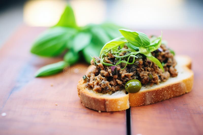Olive Tapenade Spread on Crusty Bread with Basil Garnish Stock Photo ...