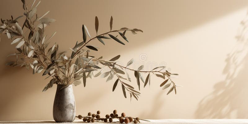 Olive Tree Branches on Neutral Pastel Beige Wall, Concept of Natural ...