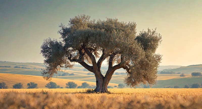 Olive Tree and Expansive Golden Field Landscape Stock Photo - Image of ...