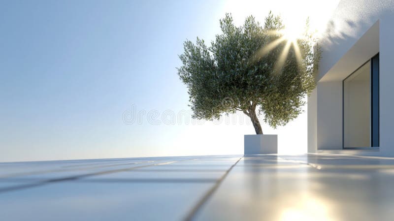 Olive Tree at Modern Minimalist House Patio Stock Illustration ...