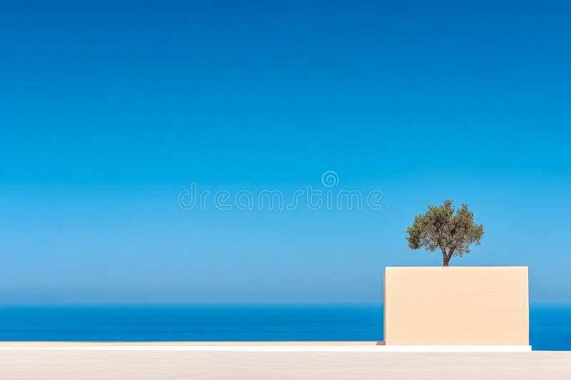 A Lone Olive Tree Stands Atop a Minimalist Structure Against a Bright ...