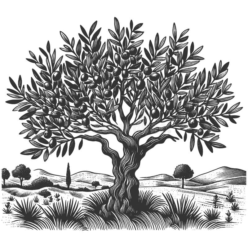Olive Tree with Ripe Olives Engraving Vector Stock Illustration ...