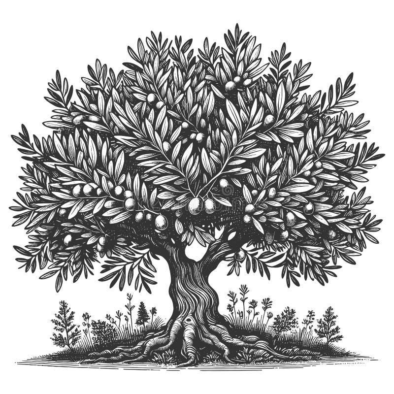 Olive Tree with Ripe Olives Engraving Vector Stock Vector ...