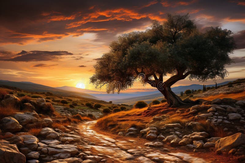An Olive Tree with a Rocky Path at Sunset AI Generated Stock Photo ...
