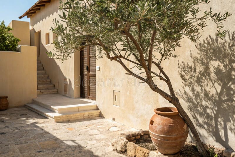 Olive Tree Shadow on Beige Rustic Wall with Clay Pot Stock Image ...