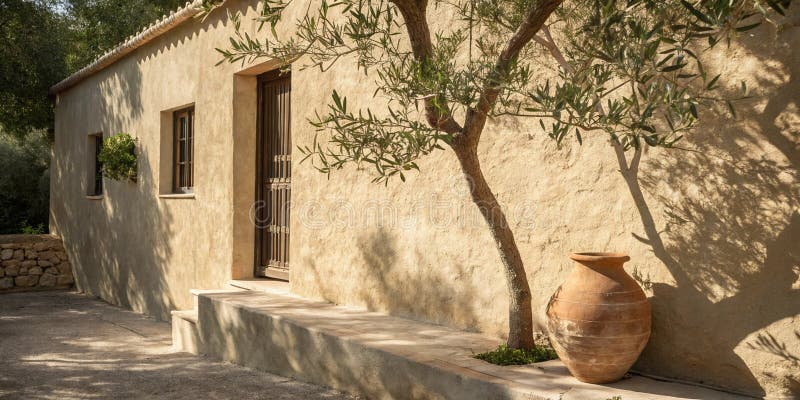 Olive Tree Shadow on Beige Rustic Wall with Clay Pot Stock Illustration ...