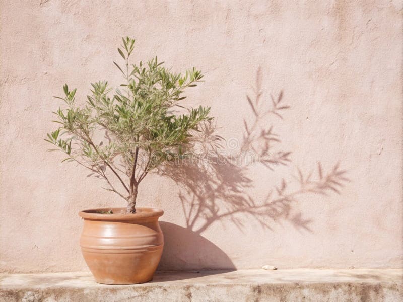 Olive Tree Shadow on Beige Rustic Wall with Clay Pot Stock Illustration ...