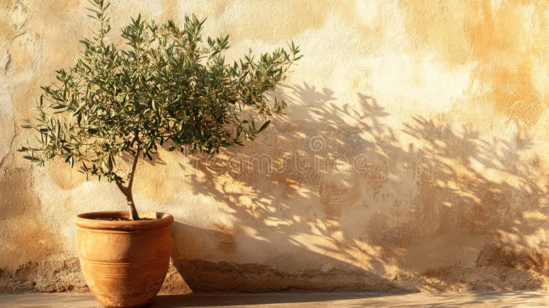 Olive Tree Shadow on Rustic Wall with Clay Pot Mediterranean Home ...
