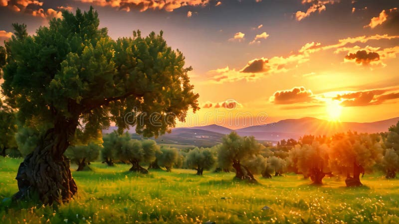 An Olive Tree Stands in a Field while the Sun Sets in the Background ...