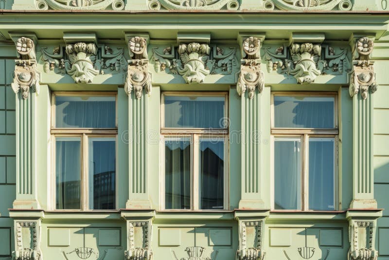 Olive Wall and Windows of Classical Building Facade in Rome. Detailed ...