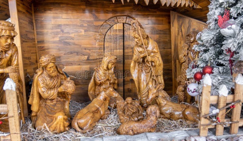 Olive Wood Hand Made Nativity Scene Stock Photo - Image of farm ...