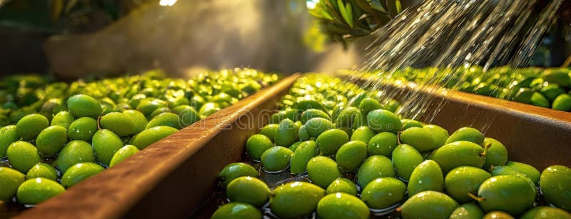 Olives Being Washed in Processing Equipment. a Multitude of Green ...