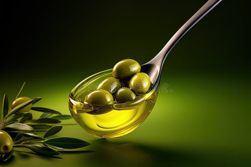 Olives Olive Oil and Leaves Float on a Green Background Stock ...