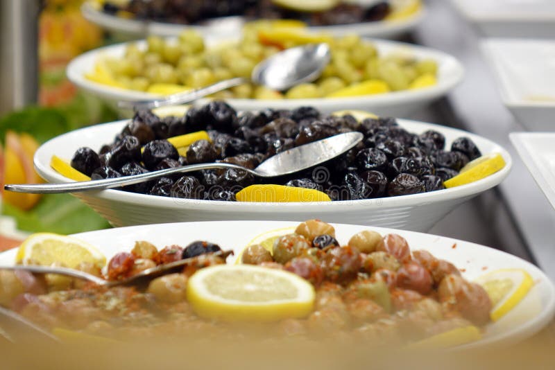 Olives and Sauces on the Buffet. Stock Image - Image of olives ...