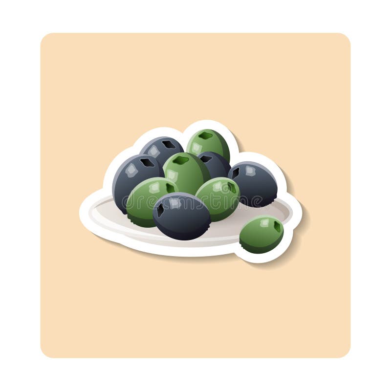 Olives Sticker Illustration. Fruit, Plate, Black, Green. Editable ...