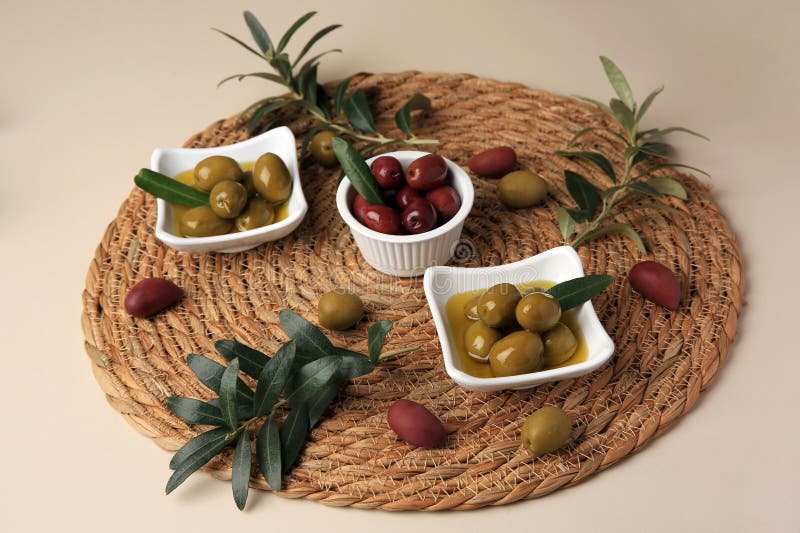 Olives and Tree Twigs on Beige Table Stock Photo - Image of fresh ...