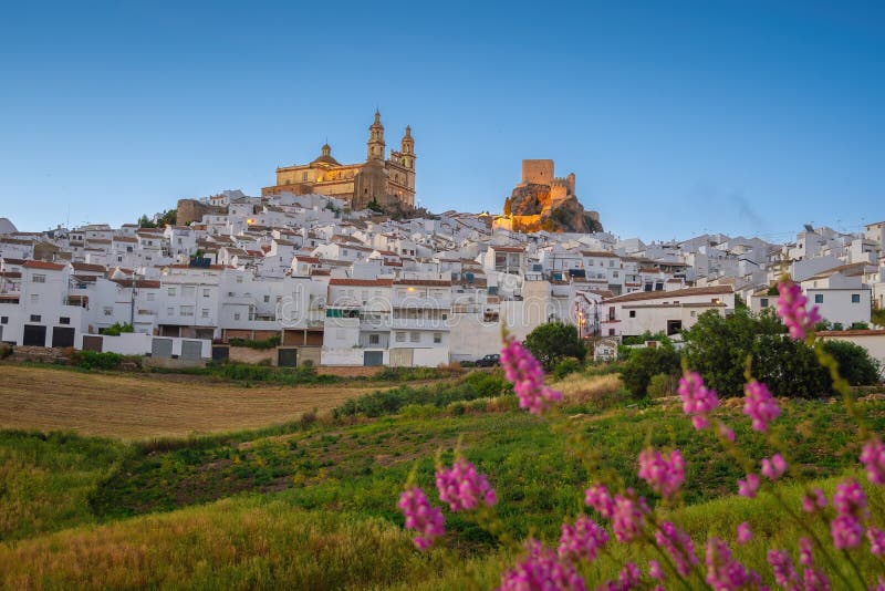 Olvera Skyline at Sunset with Illuminated Castle and Church - Olvera ...