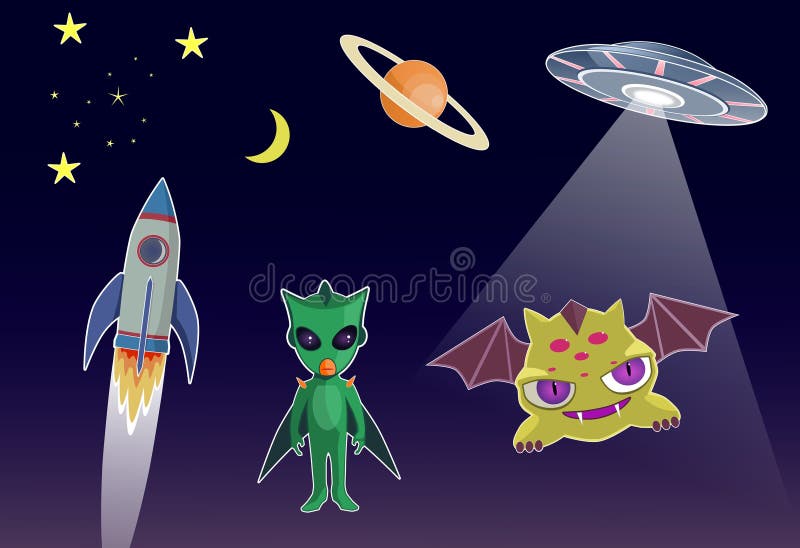 Illustration of a Space Series Consisting of UFOs, Shuttles, Monsters ...