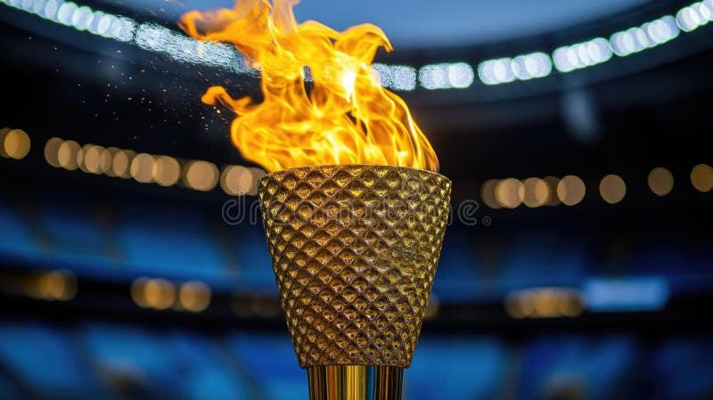 Olympic Flame in Gold Torch with Stadium Background Stock Photo - Image ...