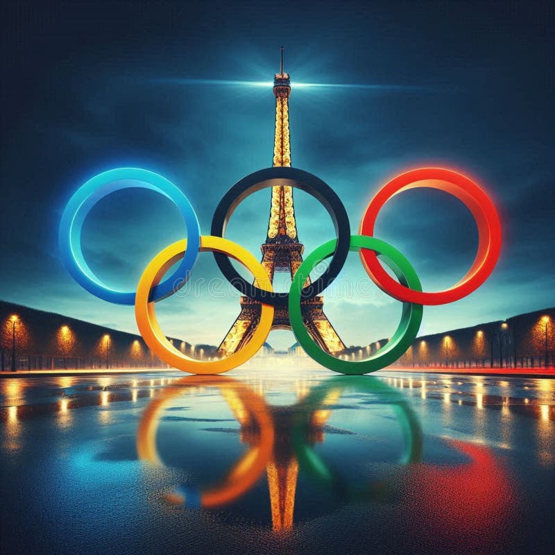 Olympic Rings in Front of the Eiffel Tower at Night. Stock Image ...