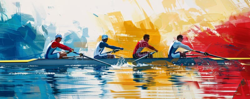 Rowing Competition with Determined Athletes in Vibrant Artistic ...