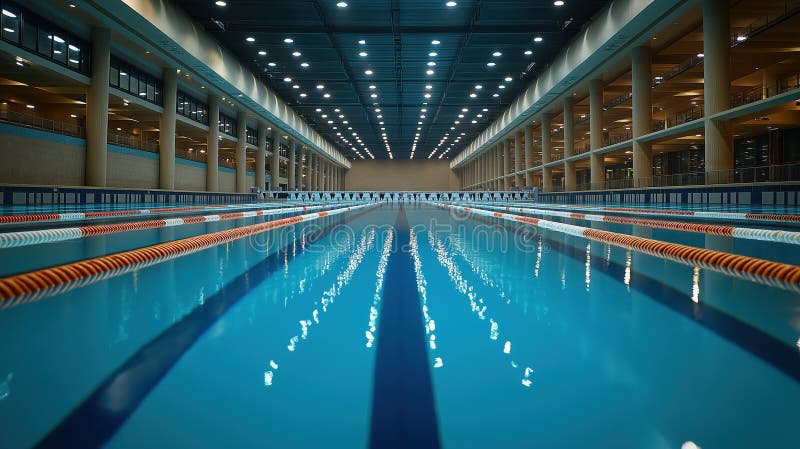 Olympic Size Indoor Swimming Pool with Lanes and Bright Overhead Lights ...