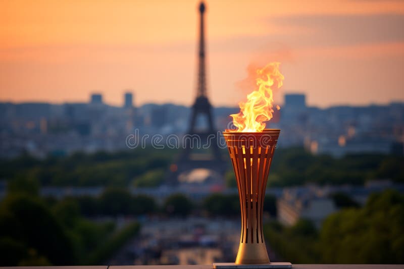 The Olympic Torch with Flame in Front of the Eiffel Tower. Symbol of ...