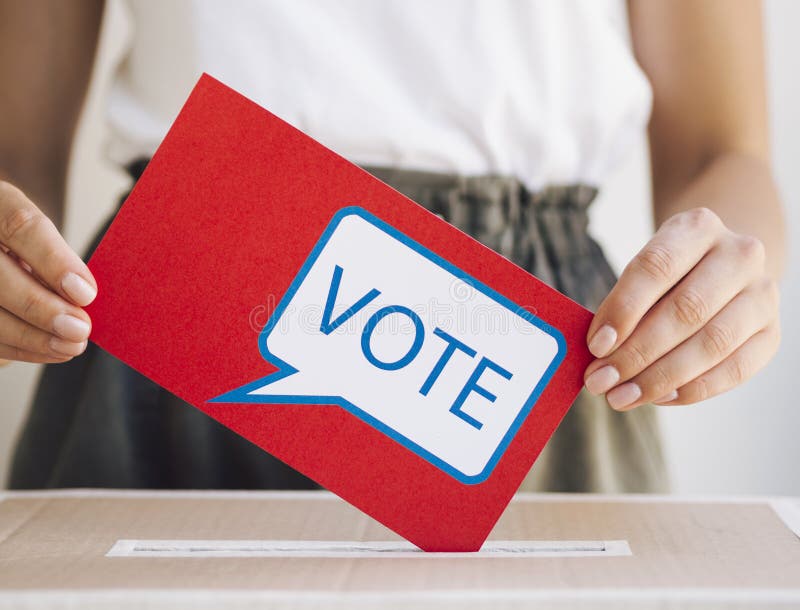 Front View Woman Putting Voting Message Box. High Quality Photo Stock ...