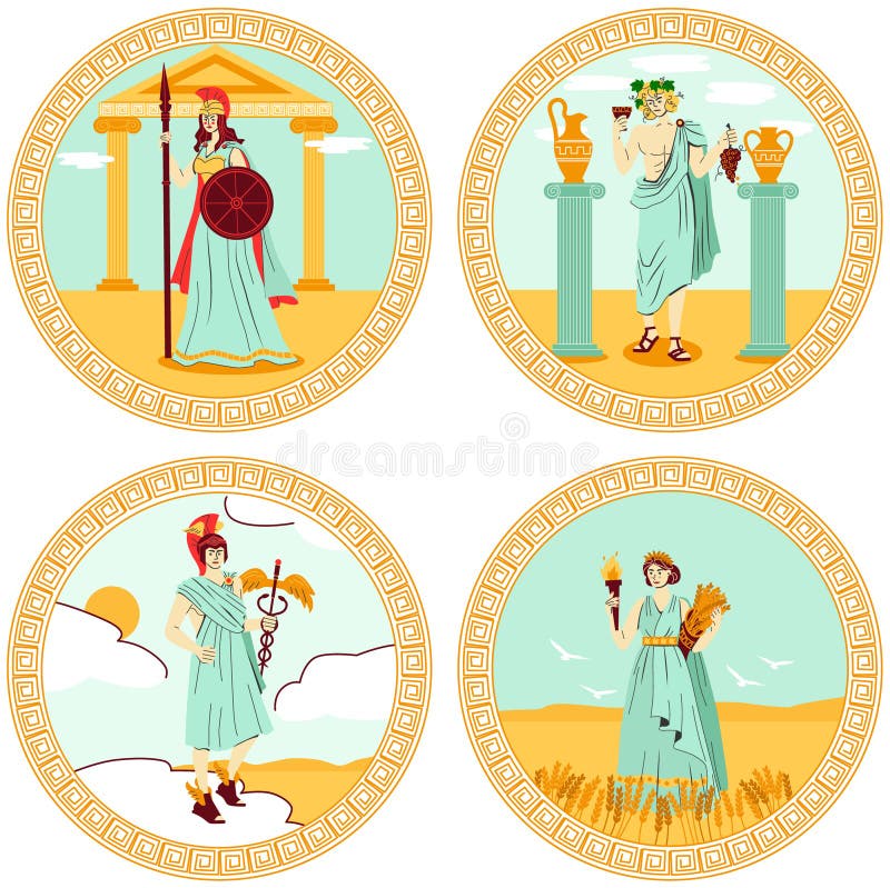 Olympus Gods Flat Emblems stock illustration. Illustration of ancient ...