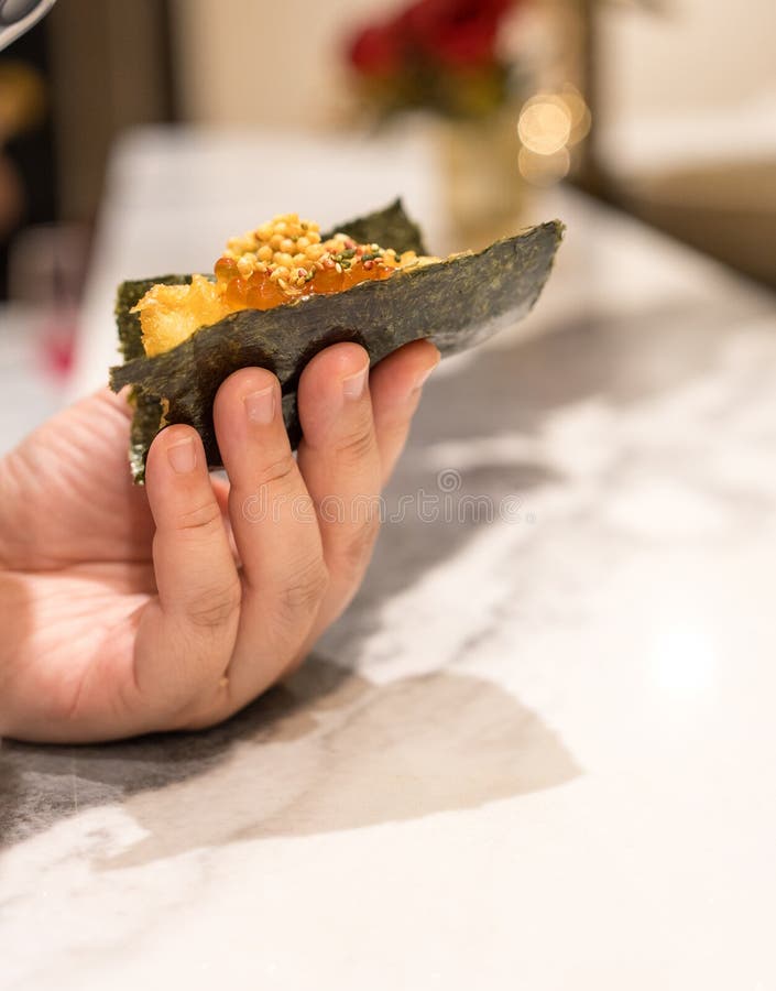 Omakase of Sushi Hand Roll with Shrimp Tempura in Hand Stock Photo ...