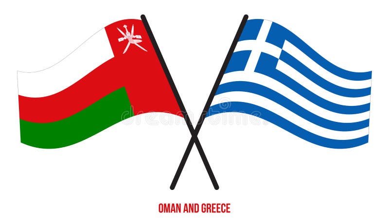 Oman and Greece Flags Crossed and Waving Flat Style. Official ...