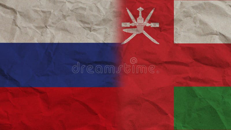 Oman and Russia Flags Together, Crumpled Paper Effect 3D Illustration ...