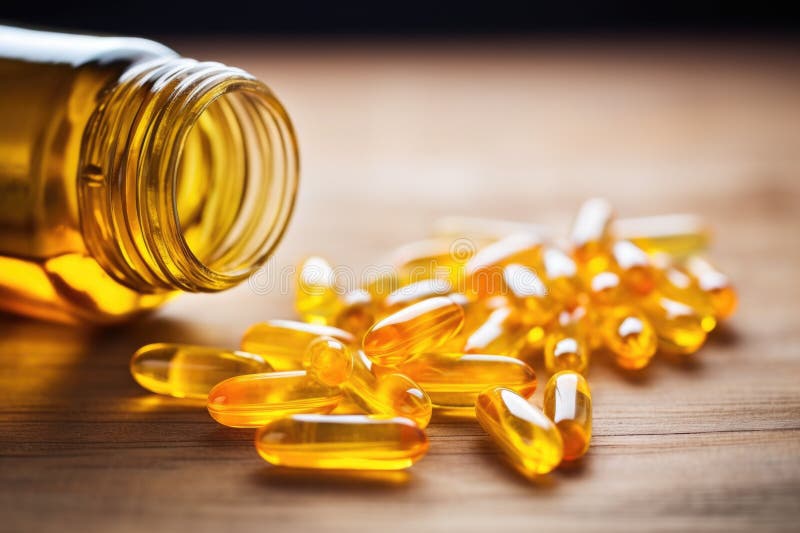 Omega-3 Capsules Spilling Out from a Bottle on a Table Stock Image ...