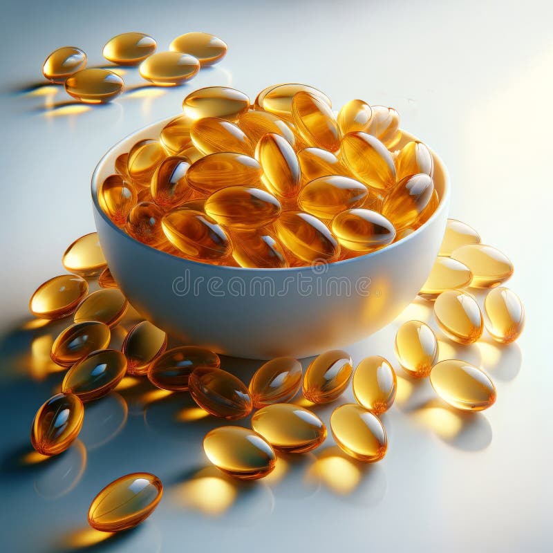 Omega-3 Capsules in White Ceramic Bowl on Glossy Surface. Studio Close ...