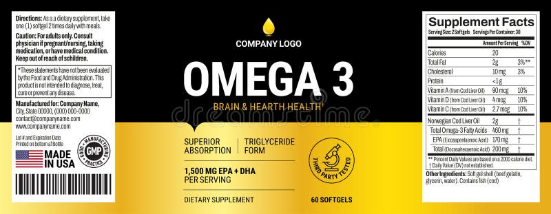 Omega 3 Softgels Bottle Label Vector Packaging Stock Vector ...